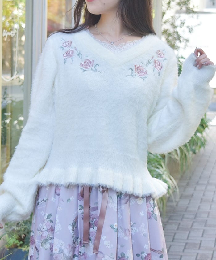 Rose Embroidery Feather Knit – axes femme from JAPAN