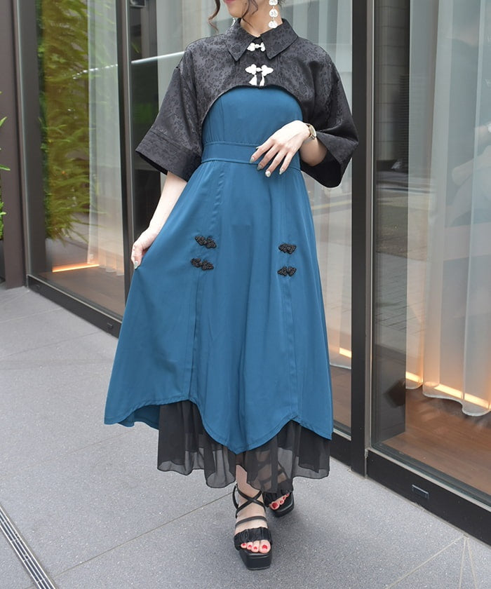 Chinese Button Bicolor Dress – axes femme from JAPAN