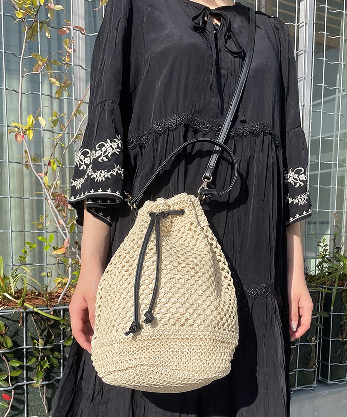 Openwork Knit Drawstring Bucket Bag – axes femme from JAPAN