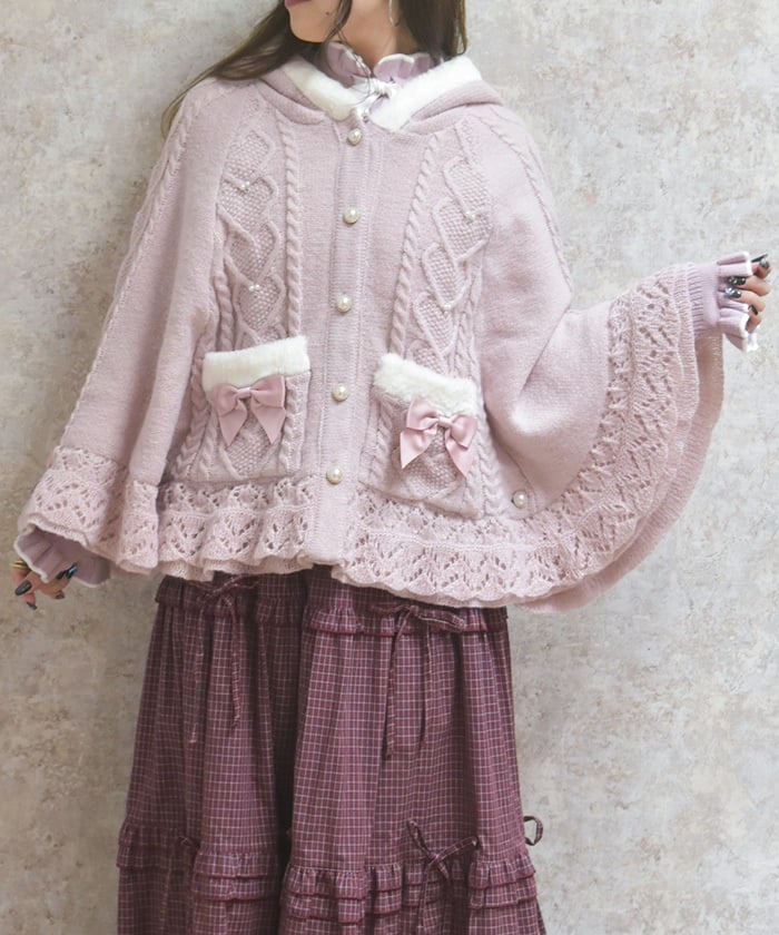 Heart Knit Pattern Boa Lining Knit Cape – axes femme from JAPAN